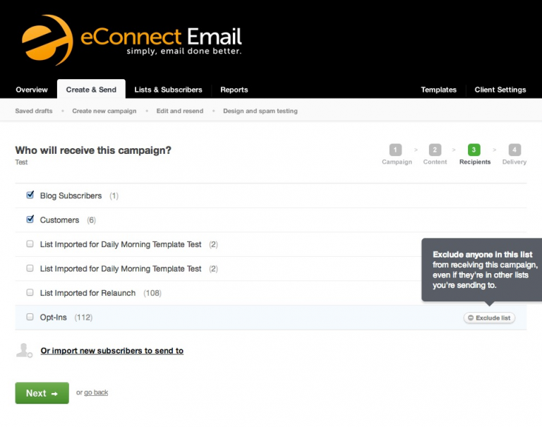 Send targeted email campaigns by excluding lists and segments – eConnect Email